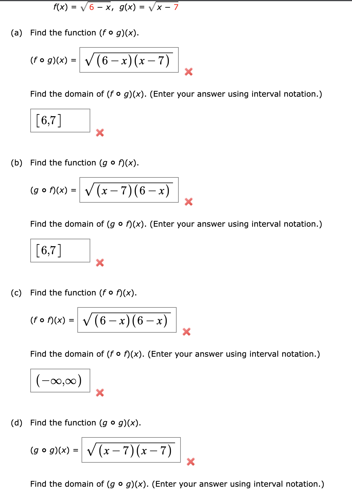Solved F X 6−x G X X−7 A Find The Function F∘g X