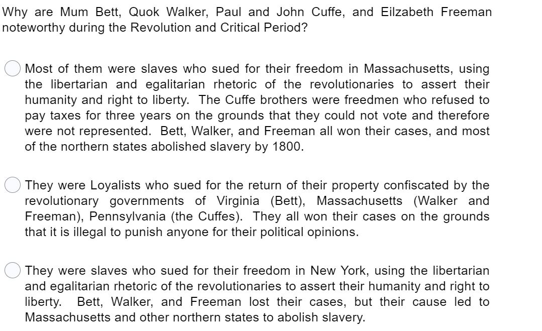 Solved Why are Mum Bett, Quok Walker, Paul and John Cuffe, | Chegg.com