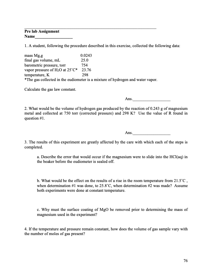 Solved Pre lab Assignment Name 1. A student, following the | Chegg.com