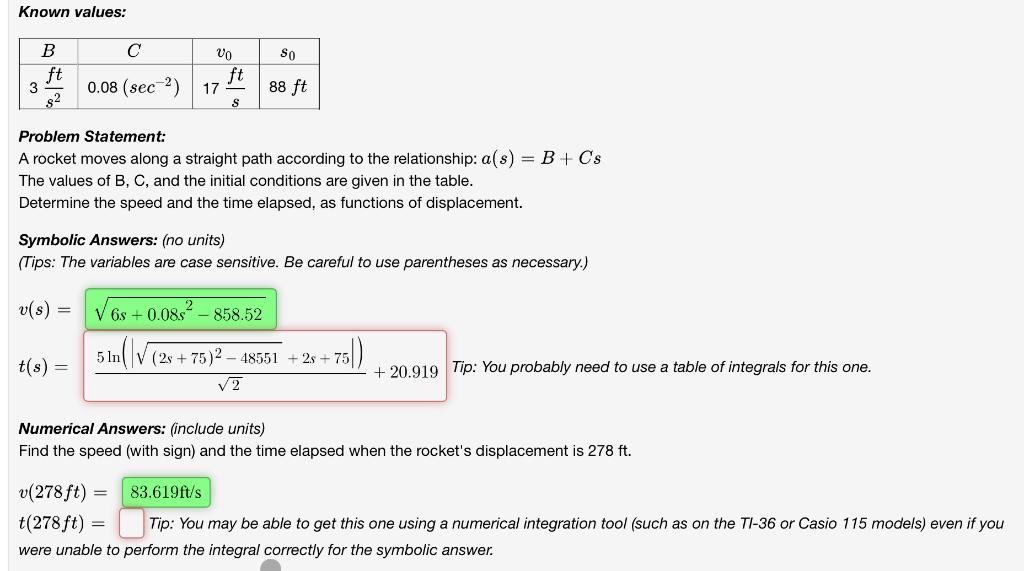 Solved Known values: Problem Statement: A rocket moves along | Chegg.com