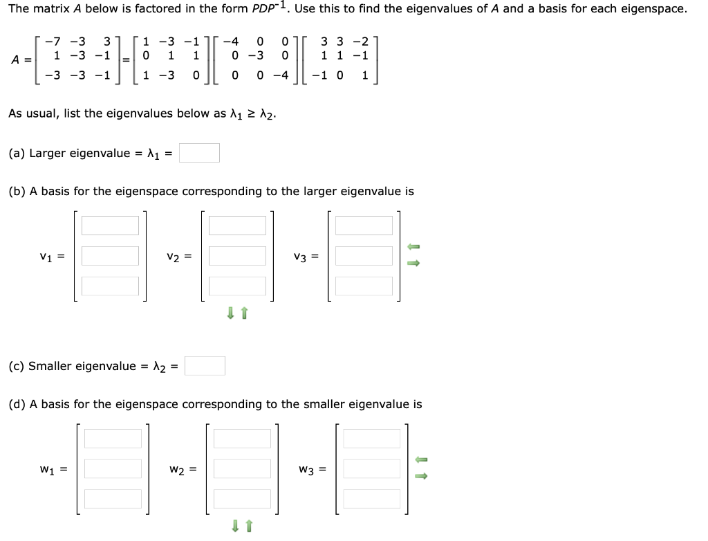 Solved The matrix A below is factored in the form PDP-1. Use | Chegg.com