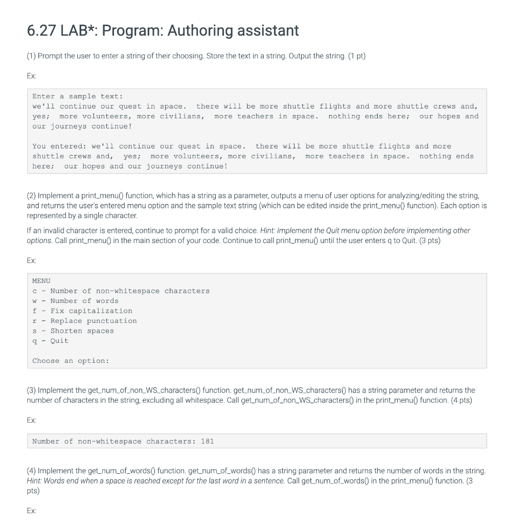Solved 6.27 LAB*: Program: Authoring assistant (1) Prompt | Chegg.com