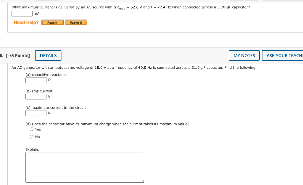Solved What maximum current is delivered by an AC source | Chegg.com