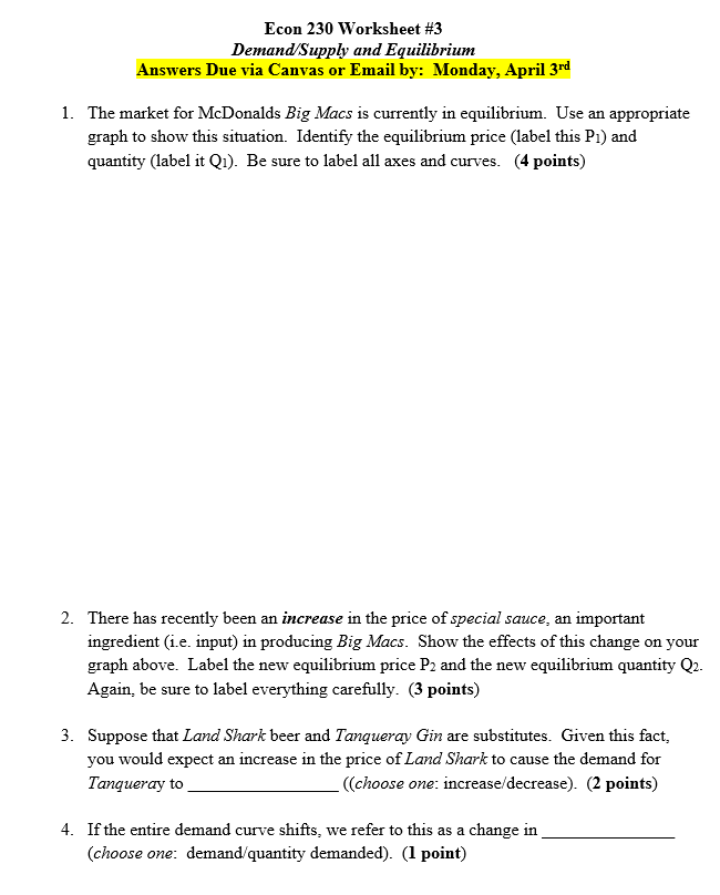 Econ 230 Worksheet \#3 Demand/Supply and Equilibrium | Chegg.com