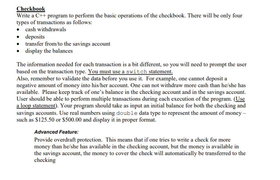 Checkbook Write a C++ program to perform the basic | Chegg.com