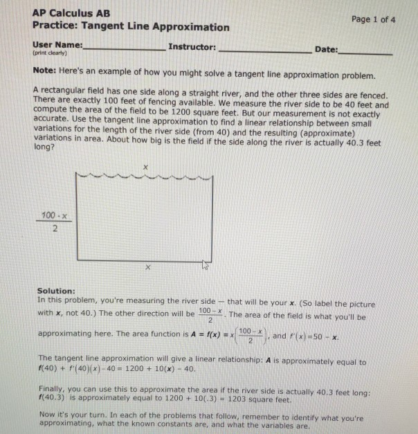Solved AP Calculus AB Practice: Tangent Line Approximation | Chegg.com