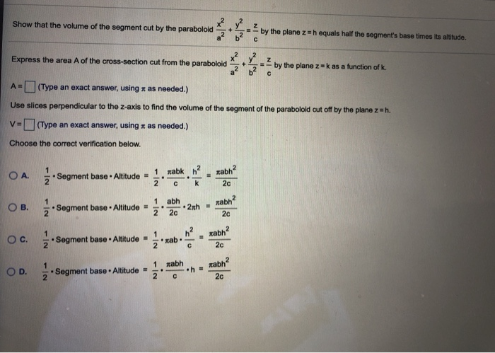 Solved Show that the volume of the segment cut by the | Chegg.com