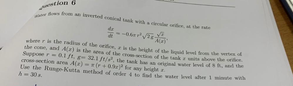 Water flows from an inverted conical tank with a | Chegg.com