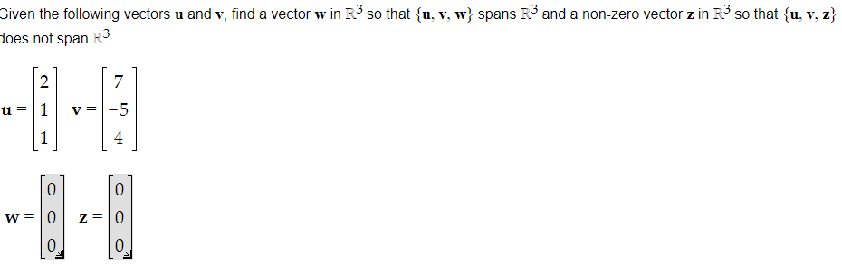 Solved Given the following vectors u and v, find a vector w | Chegg.com