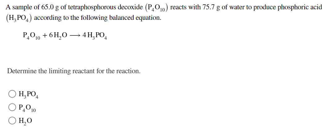 Solved A sample of 65.0 g of tetraphosphorous decoxide | Chegg.com