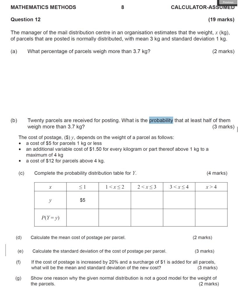 Solved MATHEMATICS METHODS 8 Previous CALCULATOR-ASSUMED | Chegg.com