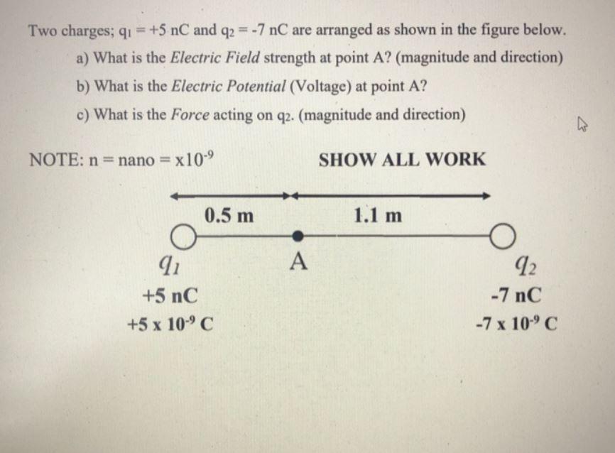 Solved Two charges; q1 = +5 nC and q2 = -7 nC are arranged | Chegg.com