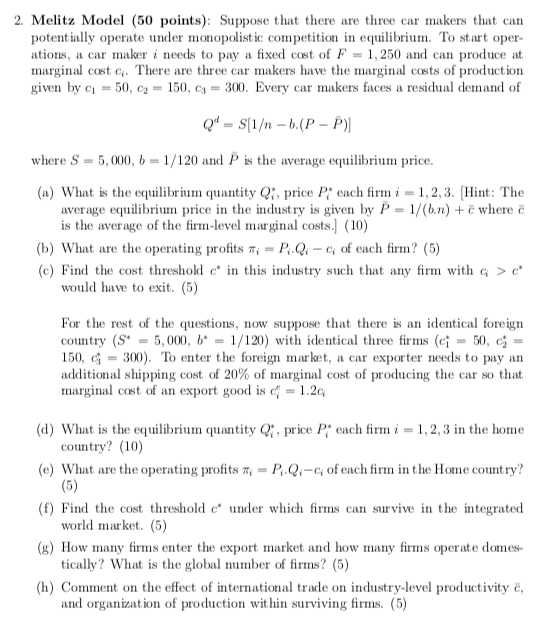 Solved Melitz Model (50 points): Suppose that there are | Chegg.com