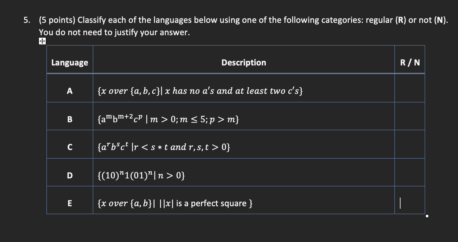 Solved 5. (5 points) Classify each of the languages below | Chegg.com