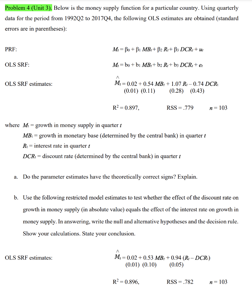 Solved Problem 4 (Unit 3). Below is the money supply | Chegg.com