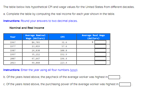 Solved The table below IIsts hypothetical CPI and wage | Chegg.com