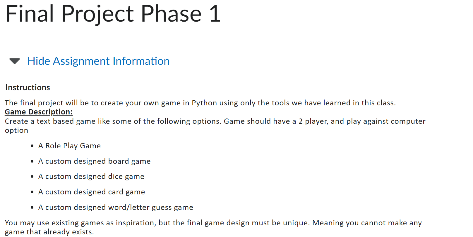 Solved Final Project Phase 1 Hide Assignment Information | Chegg.com