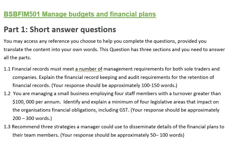 Solved BSBFIM501 Manage budgets and financial plans Part 1: | Chegg.com