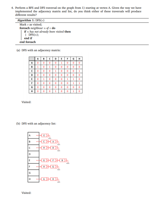 Solved A B D E E Н. F 4. Perform a BFS and DFS traversal | Chegg.com