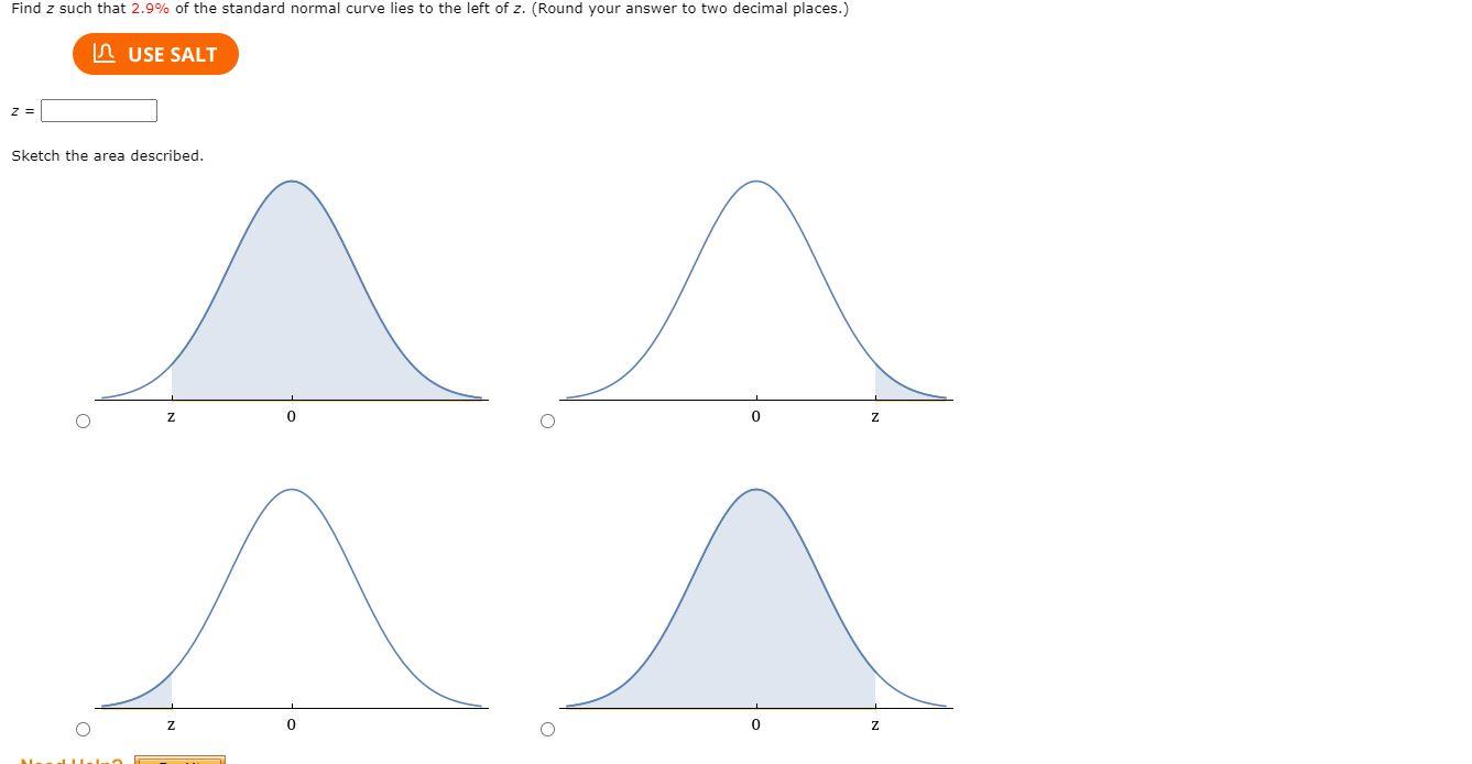 Solved Find z such that 2.9% of the standard normal curve | Chegg.com