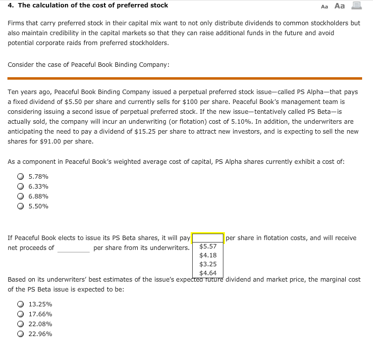 Solved 4. The calculation of the cost of preferred stock Aa | Chegg.com