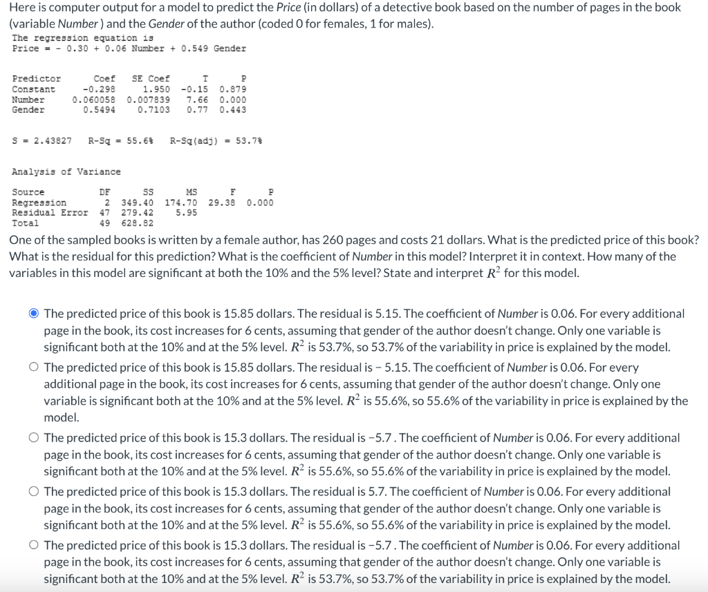 Solved Here is computer output for a model to predict the | Chegg.com