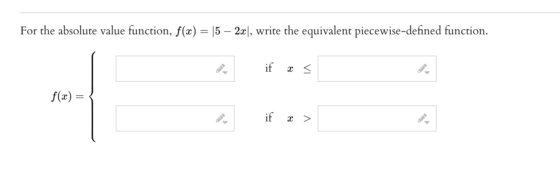 Solved For the absolute value function, f(x) = 15 – 2x], | Chegg.com