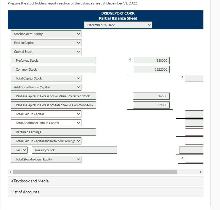 Solved The stockholders' equity accounts of Bridgeport Corp. | Chegg.com