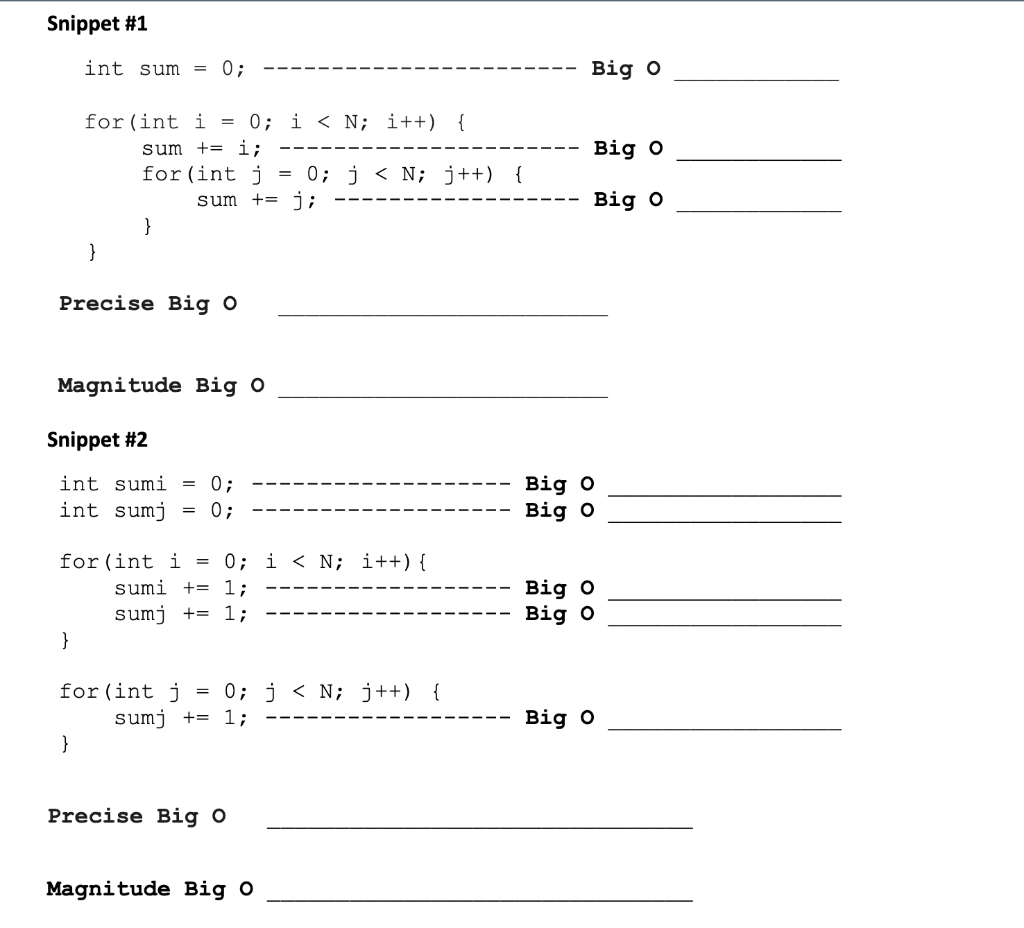 Solved csc question For each code snippet, place the Big O | Chegg.com