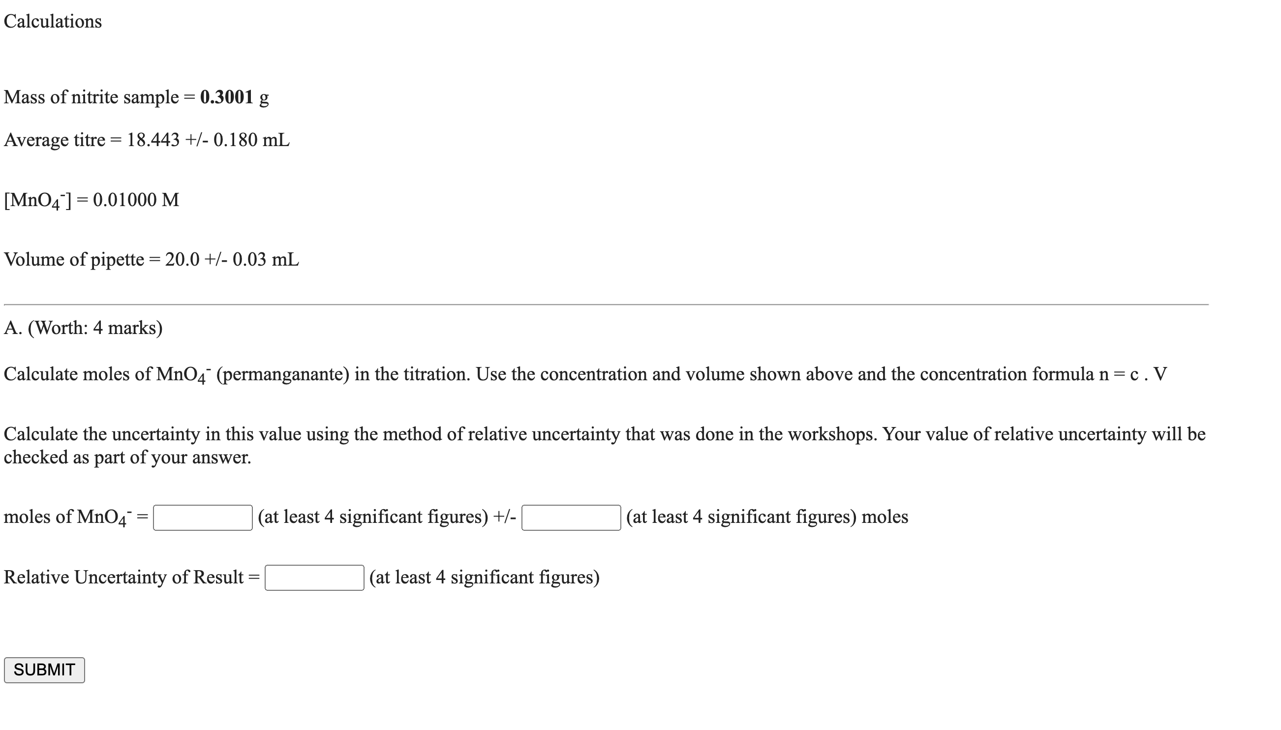 Solved Calculations Mass of nitrite sample =0.3001g Average | Chegg.com