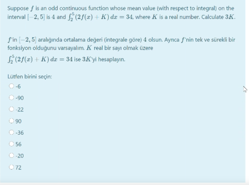 Solved Suppose f is an odd continuous function whose mean | Chegg.com