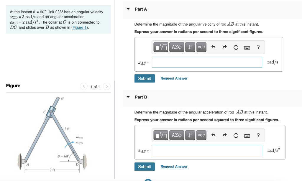 Solved Part A At the instant @ = 60°, link CD has an angular | Chegg.com