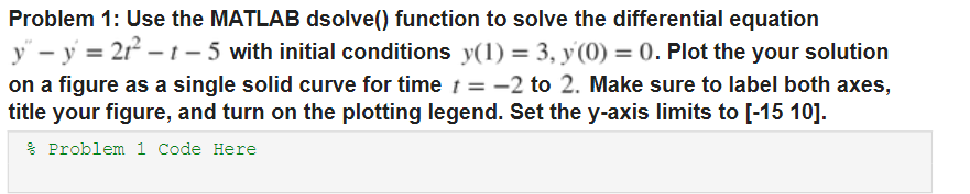 Solved Problem 1 Use The Matlab Dsolve Function To Solve