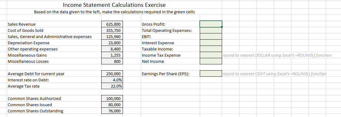 Solved Income Statement Calculations Exercise Based on the | Chegg.com