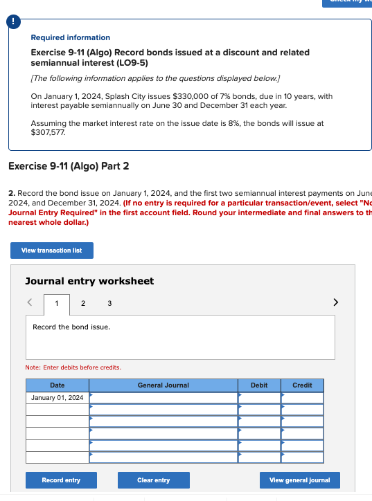 Solved !Required informationExercise 9-11 (Algo) ﻿Record | Chegg.com