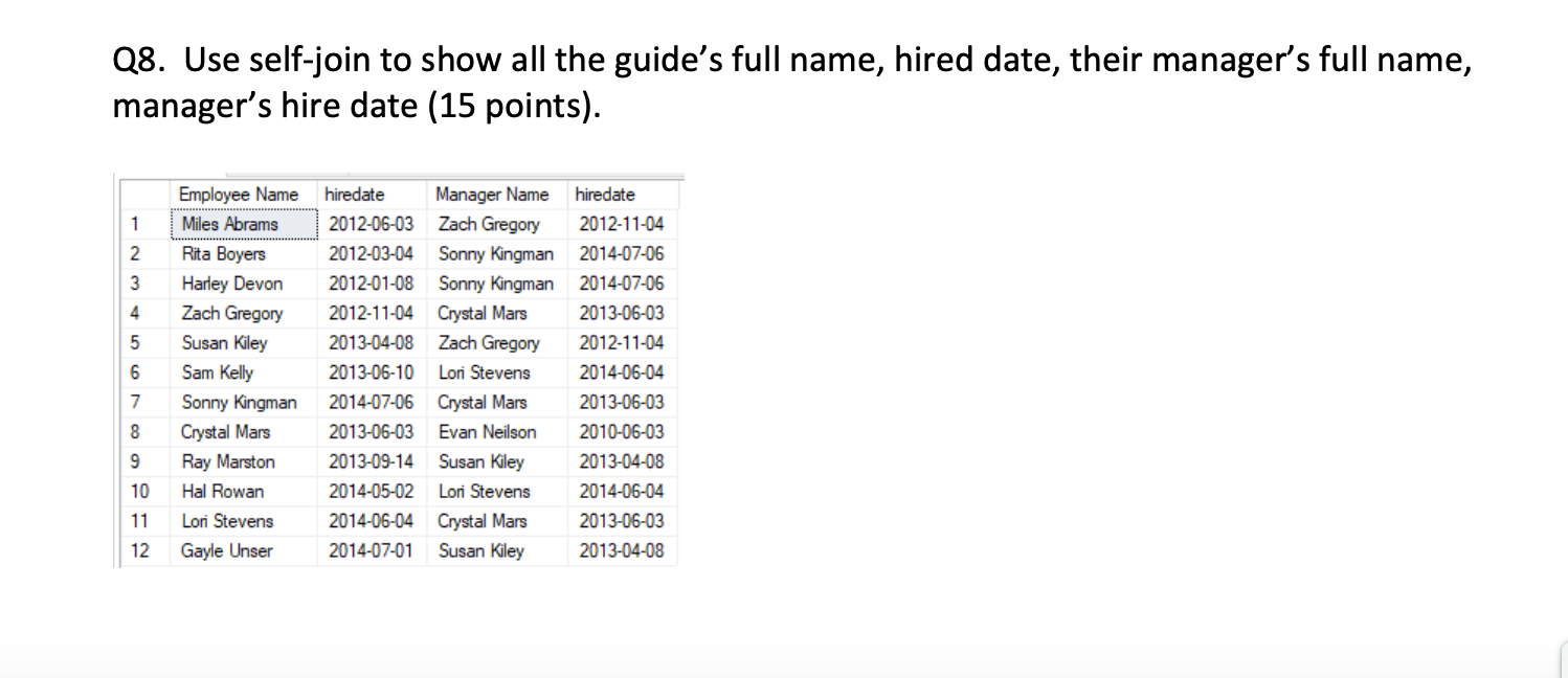 Solved Q8. Use self-join to show all the guide's full name, | Chegg.com