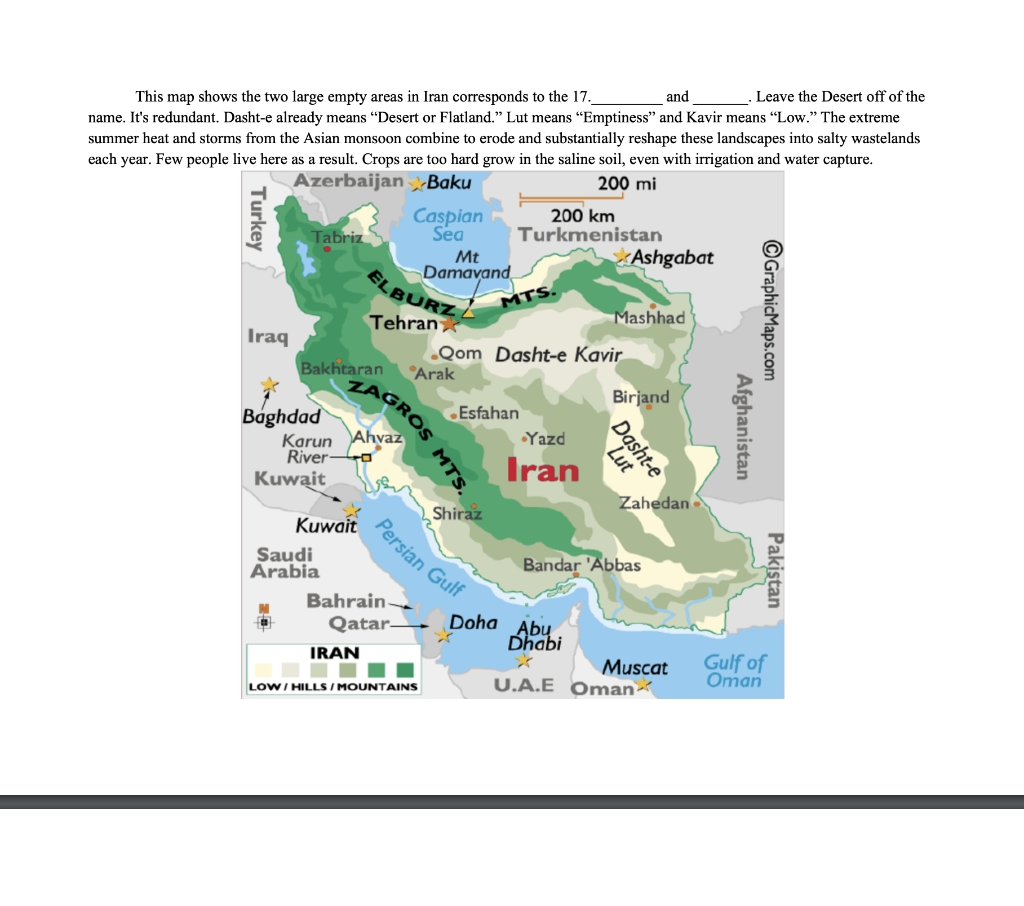 This map shows the two large empty areas in Iran | Chegg.com