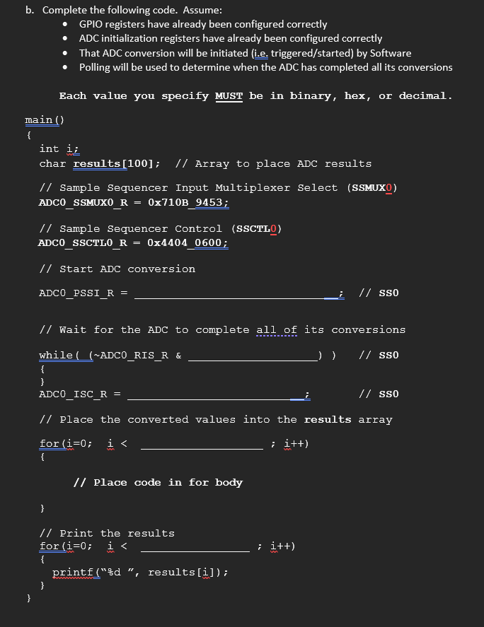 Solved b. Complete the following code. Assume: - GPIO | Chegg.com