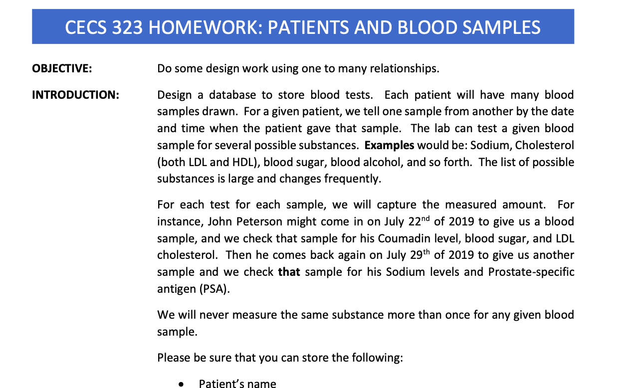 Solved CECS 323 HOMEWORK: PATIENTS AND BLOOD SAMPLES | Chegg.com