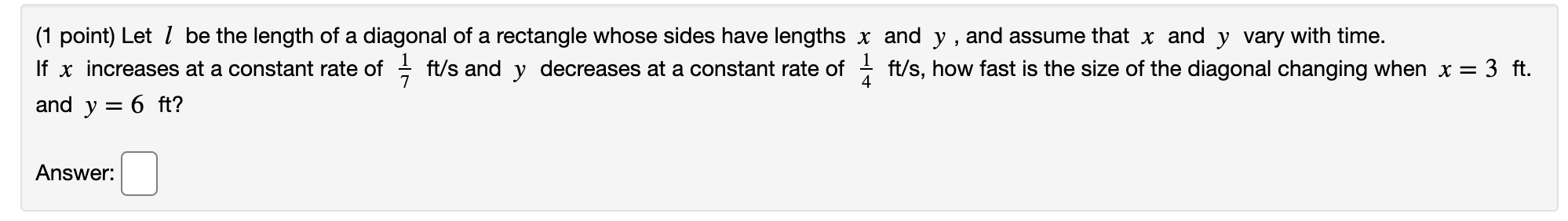Solved (1 point) Let I be the length of a diagonal of a | Chegg.com