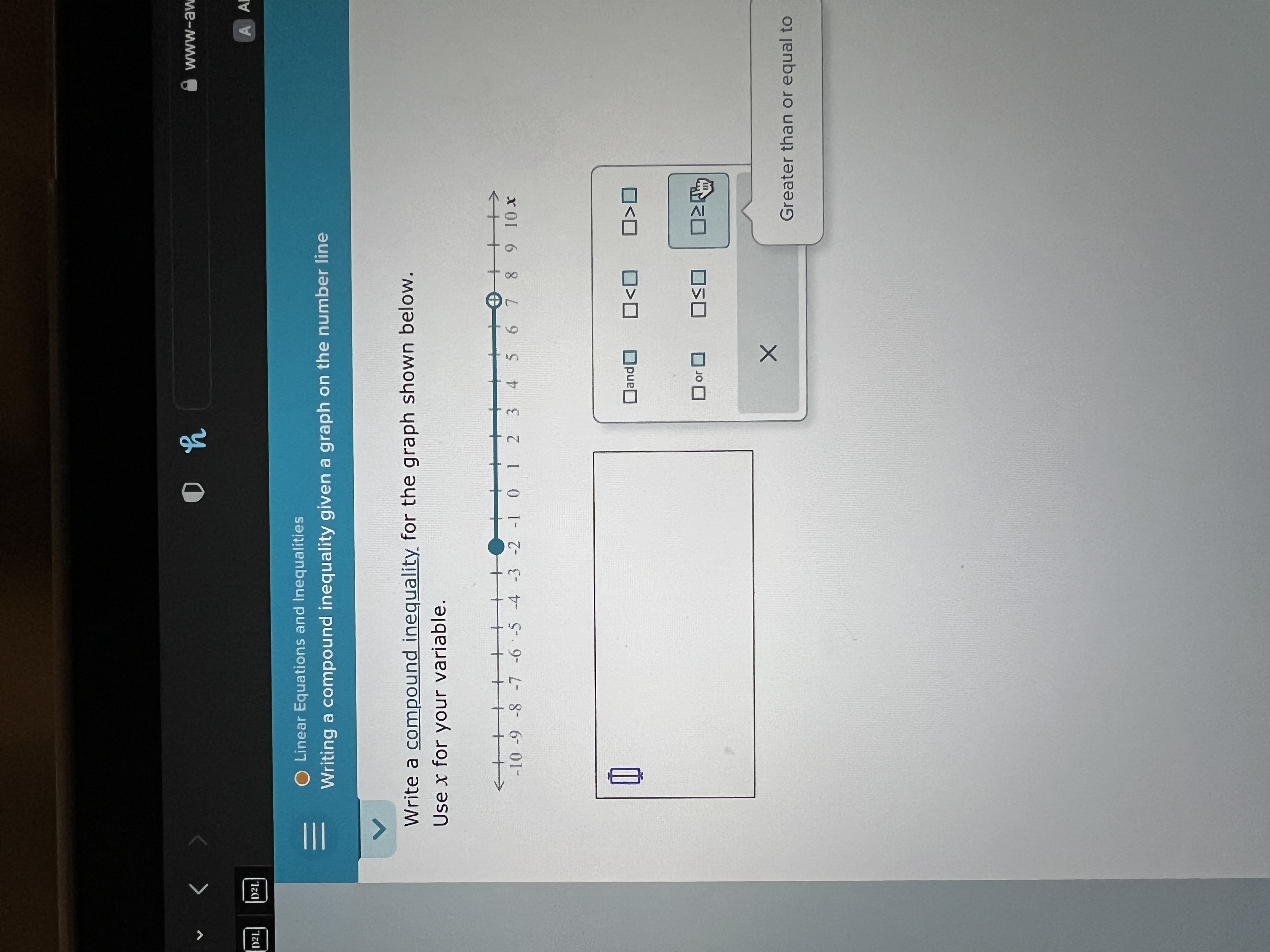 Solved Write a compound inequality for the graph shown | Chegg.com