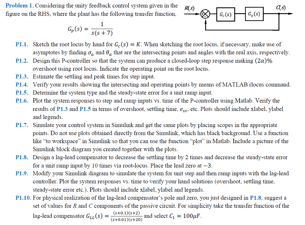 Solved Problem 1. Considering the unity feedback control | Chegg.com