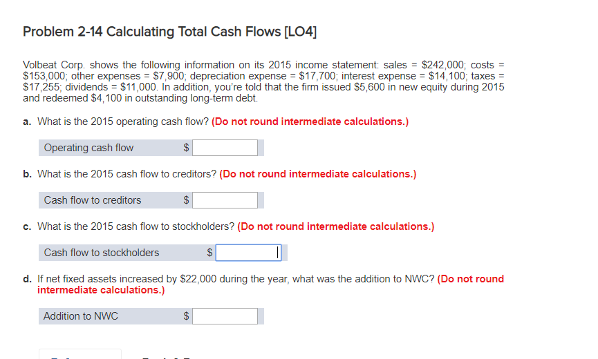 Solved Problem 2-14 Calculating Total Cash Flows [LO4] | Chegg.com