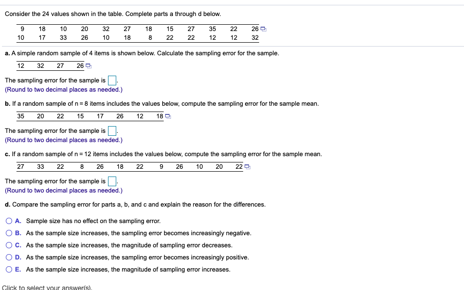 Solved Consider the 24 values shown in the table. Complete | Chegg.com