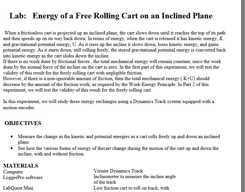 Lab: Energy of a Free Rolling Cart on an Inclined | Chegg.com