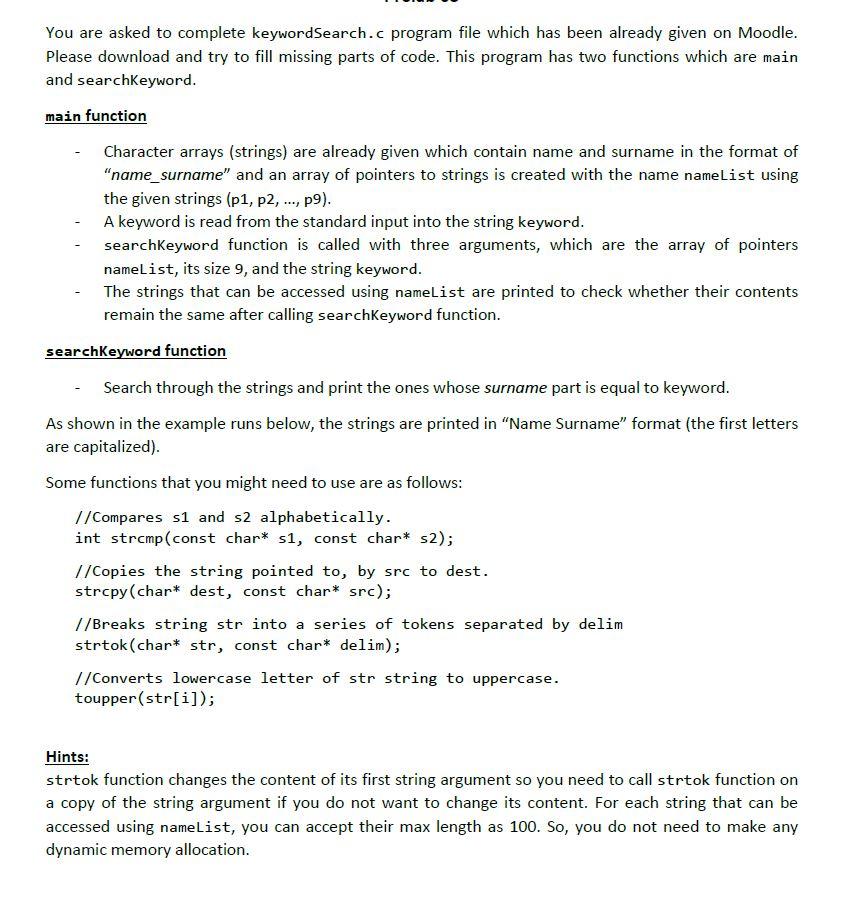 Solved You are asked to complete keyword Search.c program | Chegg.com