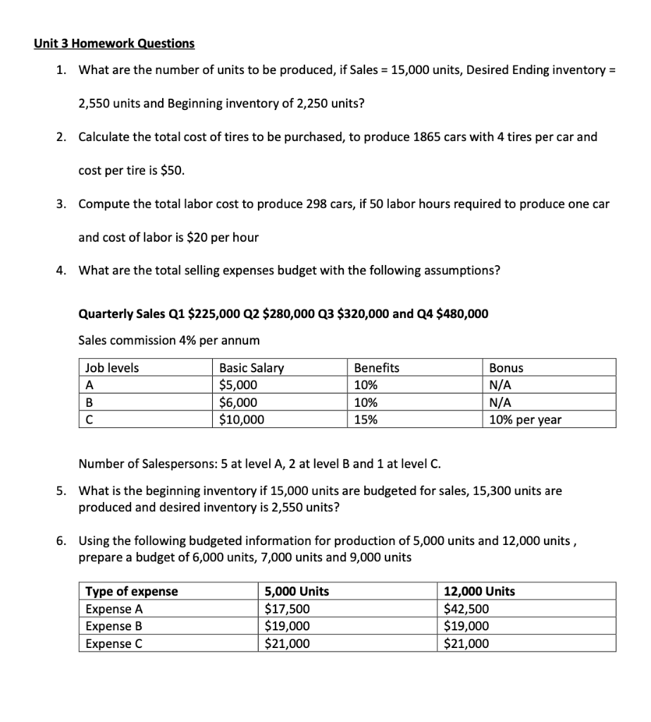 Solved Unit 3 Homework Questions 1. What are the number of | Chegg.com