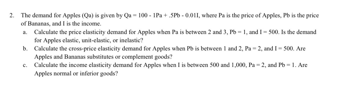 Solved 2. a. The demand for Apples (Qa) is given by Qa = 100 | Chegg.com