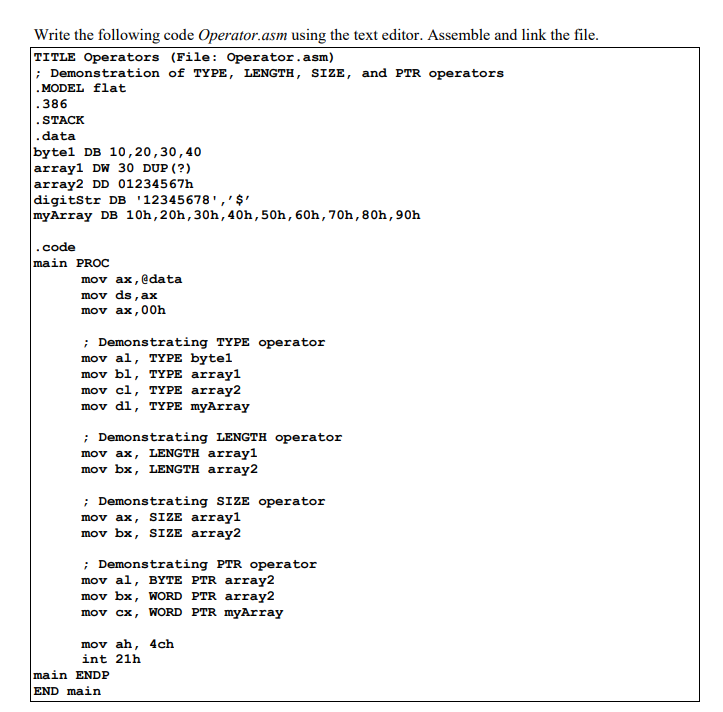 Solved Write the following code Operator.asm using the text | Chegg.com