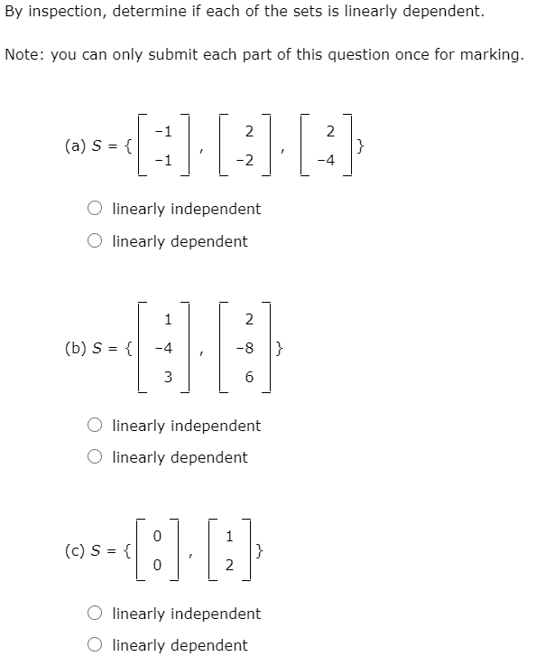 Solved By inspection, determine if each of the sets is | Chegg.com